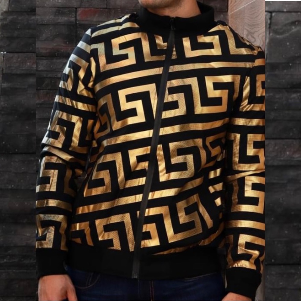Platini Black & Gold Geometric Print Bomber Jacket Si… - Gem